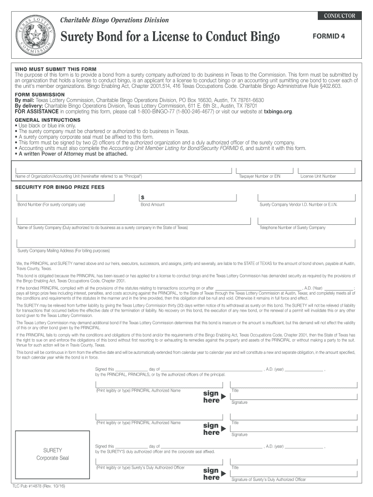 Fillable Online txbingo Surety Bond for a License to Conduct Bingo - txbingo Fax Email Print ...