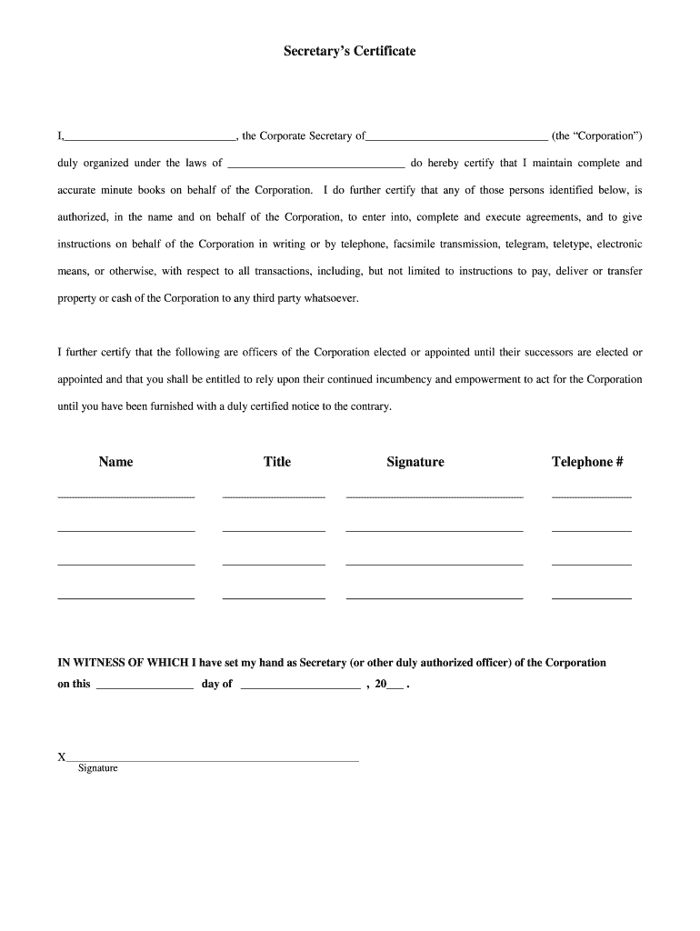 Fillable Online Secretary s Certificate Fax Email Print - pdfFiller