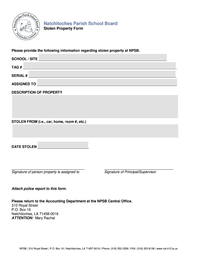Fillable Online Stolen Property Form - Natchitoches Parish School Board ...