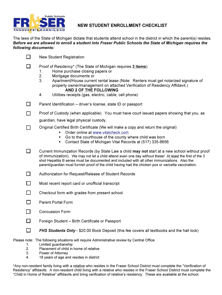 Fillable Online fraser k12 mi NEW STUDENT ENROLLMENT CHECKLIST - fraser.k12.mi.us - fraser k12 ...