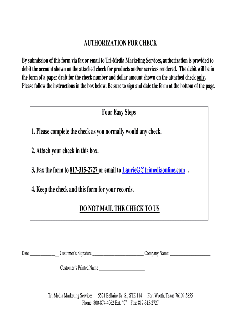 Fillable Online AUTHORIZATION FOR CHECK BY PHONE/FAX Fax Email Print ...