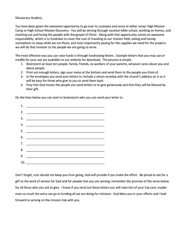 Fillable Online Examples of mission trip support letters Fax Email ...