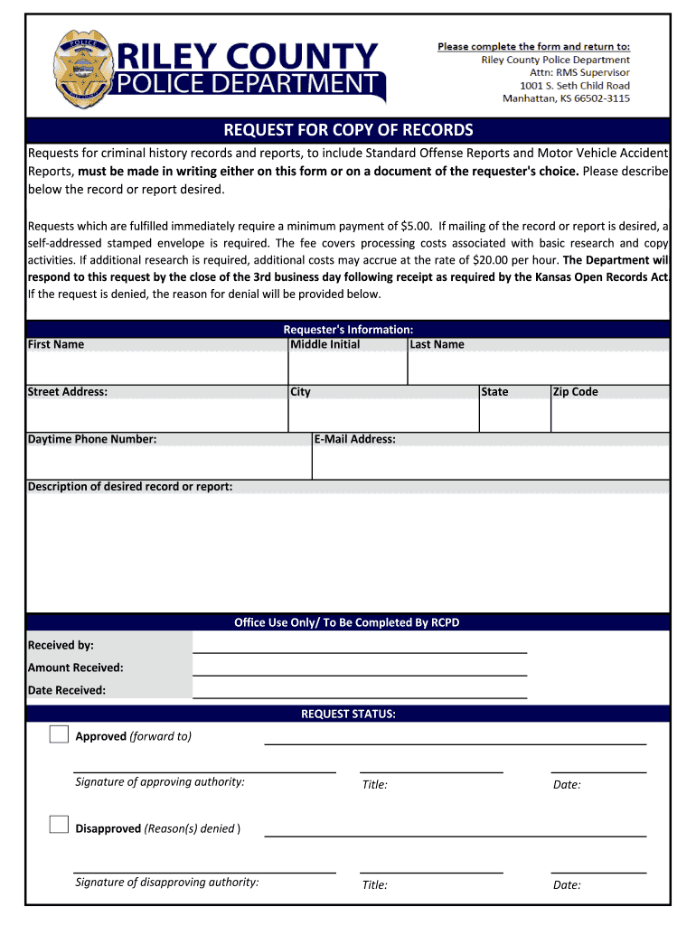 Fillable Online rileycountypolice REQUEST FOR COPY OF RECORDS - Riley ...