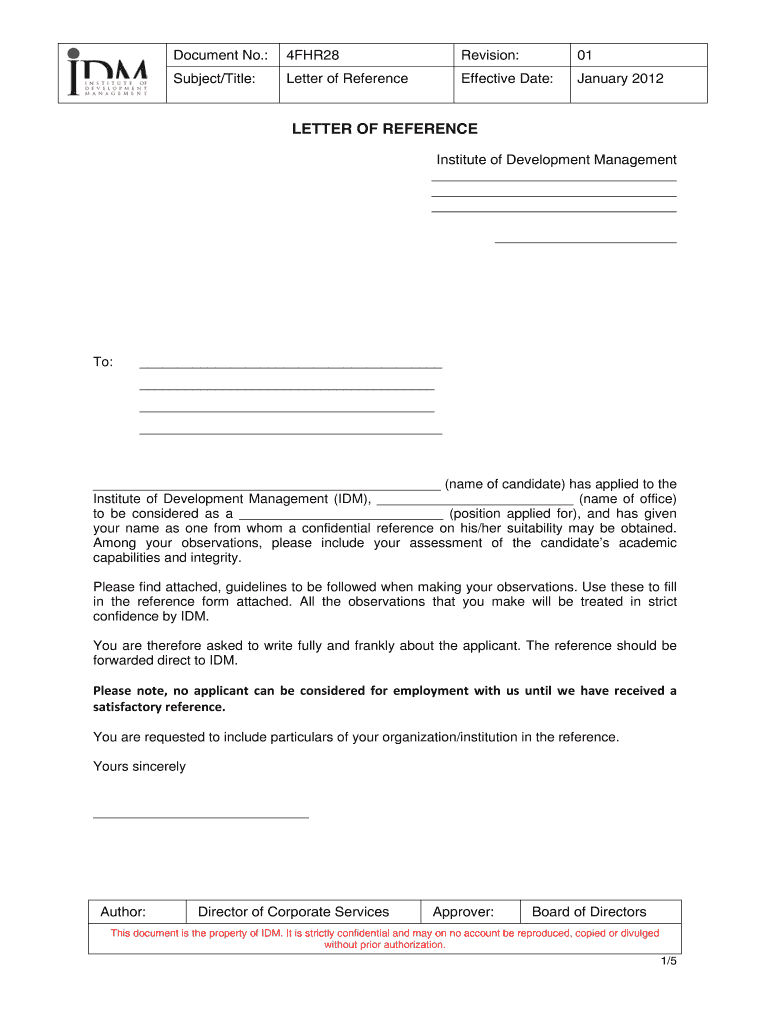 Fillable Online LETTER OF REFERENCE - idmbls.com Fax Email Print ...