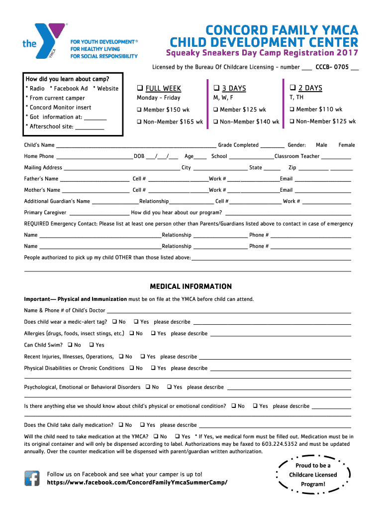 Fillable Online concordymca Licensed by the Bureau Of Childcare Licensing - number CCCB- 0705 ...