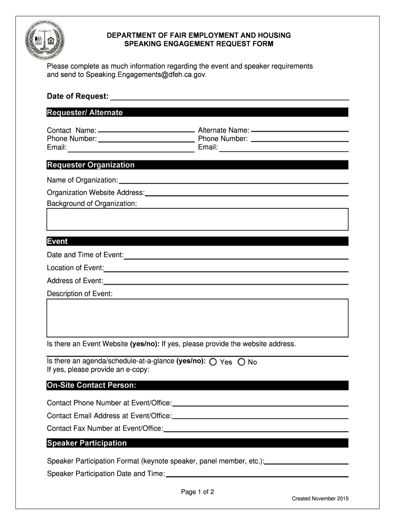 Fillable Online dfeh ca REQUEST FOR DFEH SPEAKER - dfeh ca Fax Email ...
