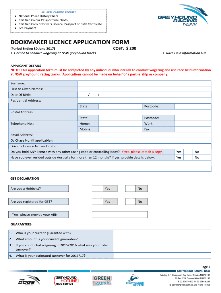 Fillable Online to download an application for a Bookmaker Licence - grnsw Fax Email Print ...