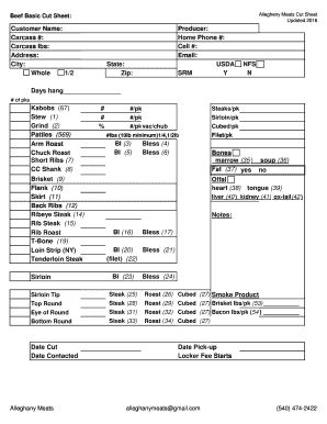 Fillable Online Beef Basic Cut Sheet: Allegheny Meats Cut Sheet Fax ...