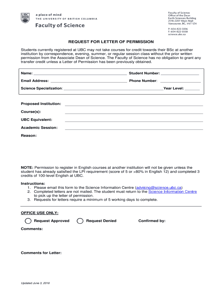 Fillable Online REQUEST FOR LETTER OF PERMISSION - UBC Science Fax ...
