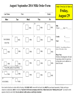 Fillable Online bethanykenosha August/ September 2014 Milk Order Form ...