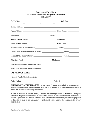 Fillable Online katharinedrexelcc Emergency Care Form - St. Katharine ...