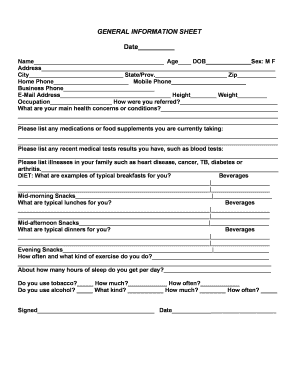 Fillable Online GENERAL INFORMATION SHEET Date Fax Email Print - pdfFiller