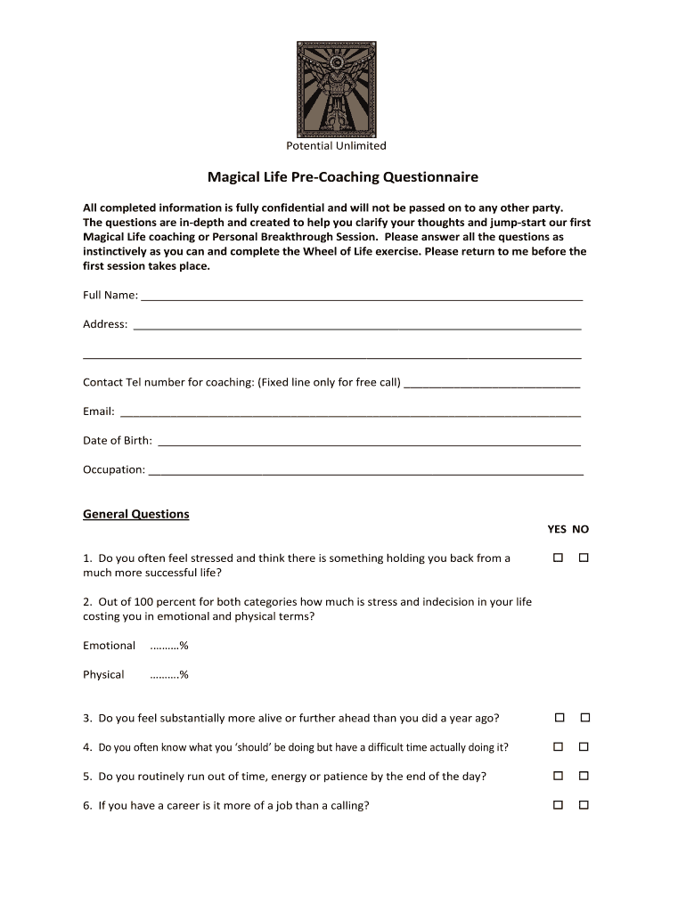 Fillable Online potentialunlimited co Magical Life Pre-Coaching ...