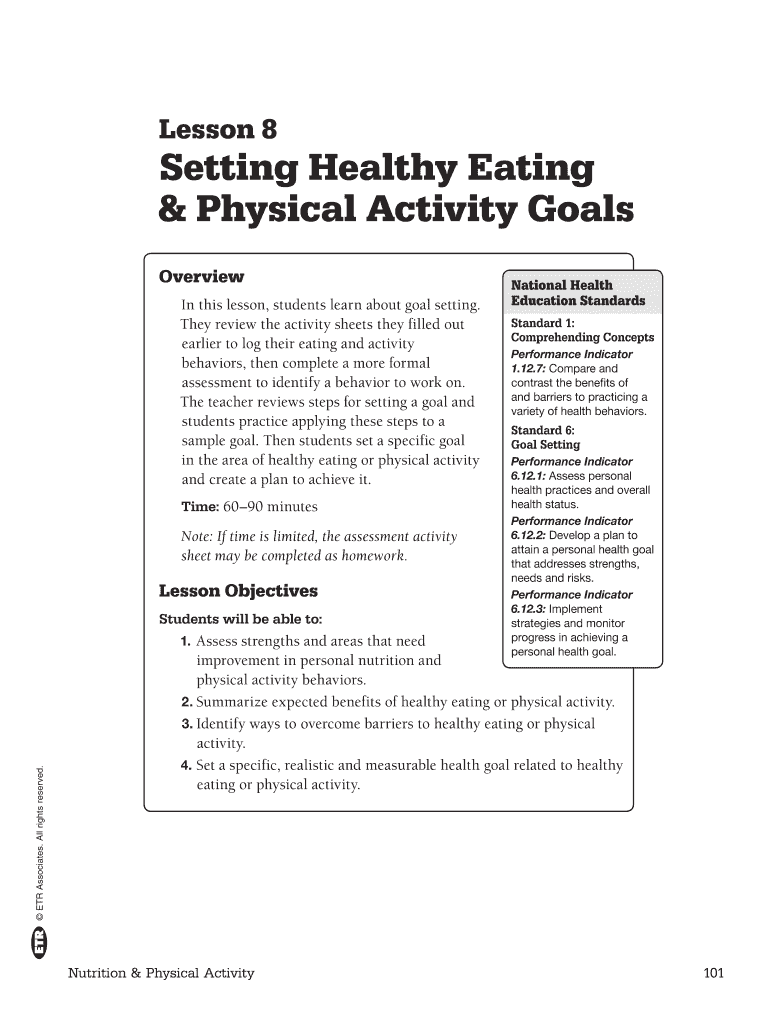 Fillable Online etr Setting Healthy Eating & Physical Activity Goals ...