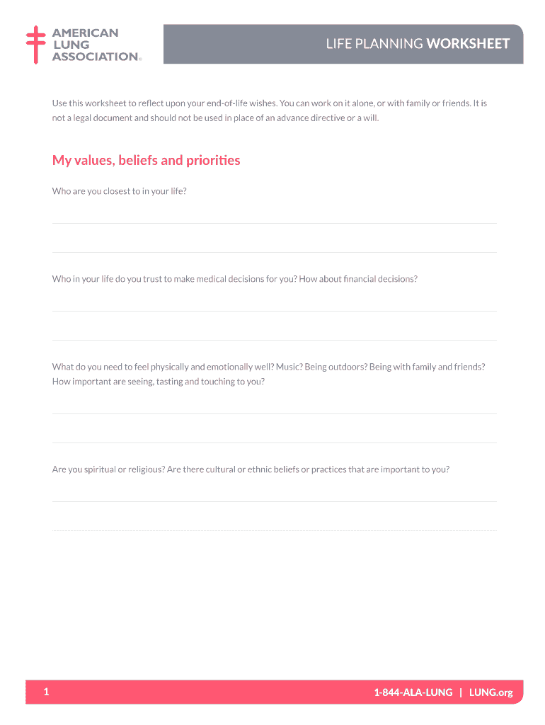 Fillable Online lung LIFE PLANNING WORKSHEET My values, beliefs and ...