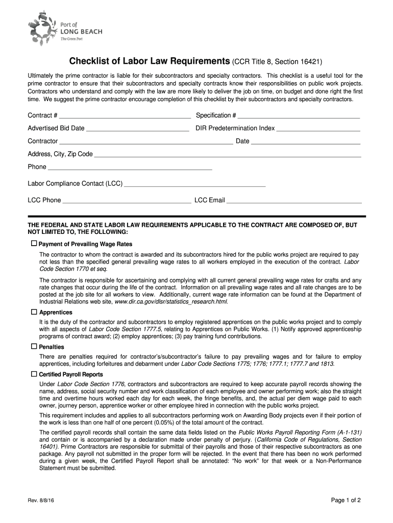 Fillable Online Checklist of Labor Law Requirements - Revised with SB ...