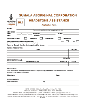 Fillable Online GUMALA ABORIGINAL CORPORATION HEADSTONE ASSISTANCE Fax ...