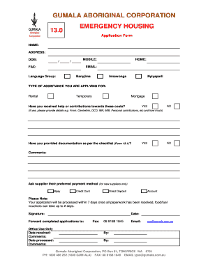 Fillable Online GUMALA ABORIGINAL CORPORATION EMERGENCY HOUSING Fax ...