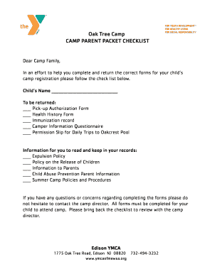 Fillable Online ymcaofmewsa Oak Tree Camp CAMP PARENT PACKET CHECKLIST ...