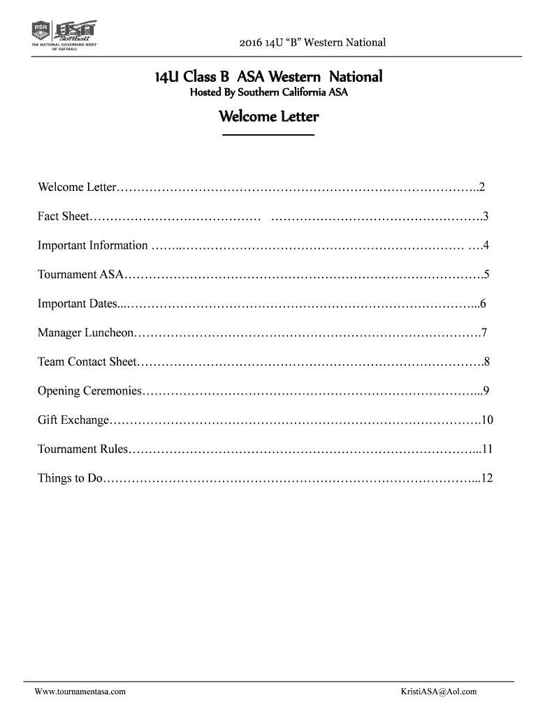 Fillable Online 14U Class B ASA Western National Welcome ...