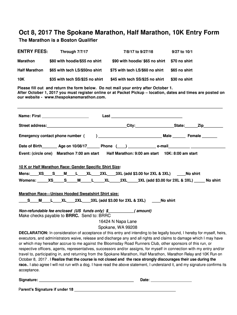 Fillable Online 2017 Marathon, Half Marathon, Five Mile Entry Form ...
