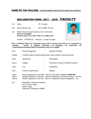 Fillable Online declaration form : 2017 2018 - faculty - Pondicherry ...