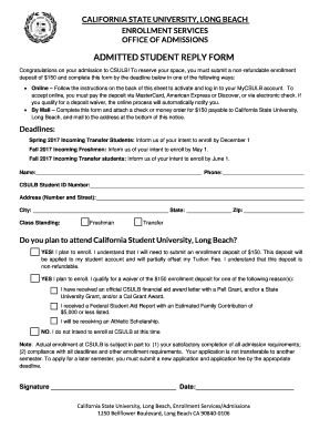 Fillable Online is Admitted Student Reply Form - California State ...