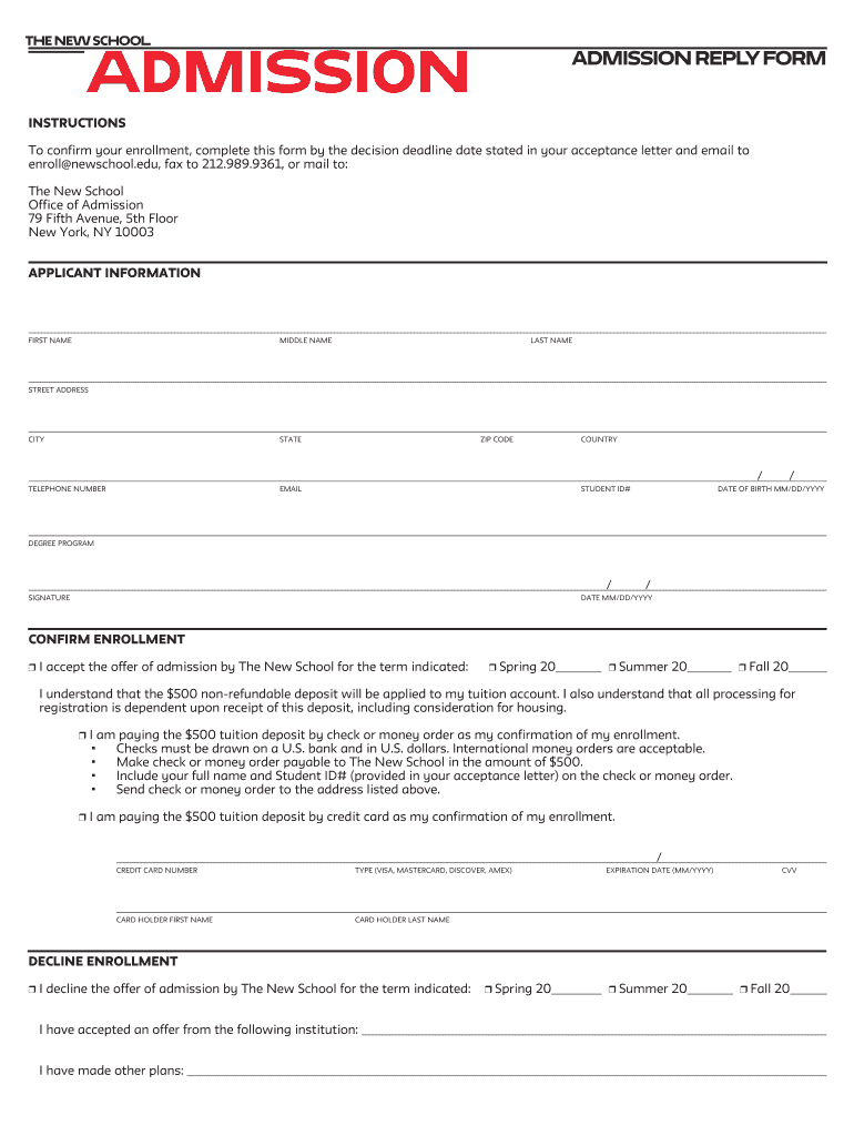 Fillable Online newschool ADMISSION REPLY FORM - newschool Fax Email ...