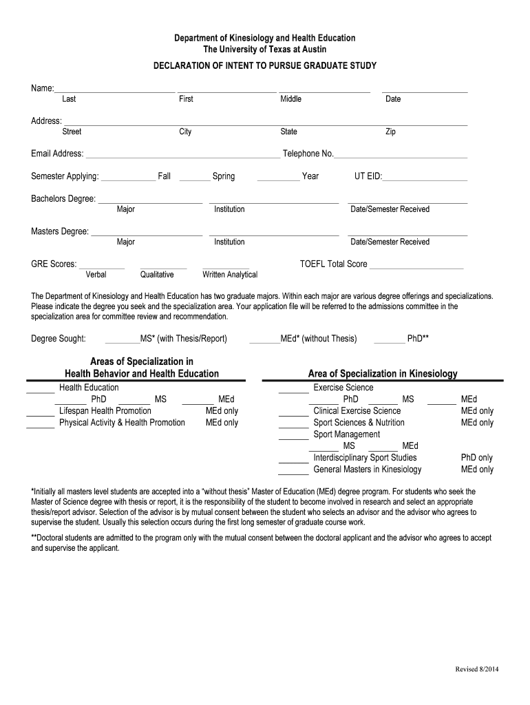 Fillable Online education utexas Declaration of Intent - The University of Texas at Austin Fax ...