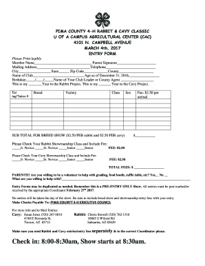 Fillable Online extension arizona PIMA COUNTY 4-H RABBIT AND CAVY CLASSIC - extension arizona ...