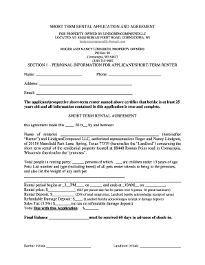 Fillable Online SHORT TERM RENTAL APPLICATION AND AGREEMENT SECTION 1 ...