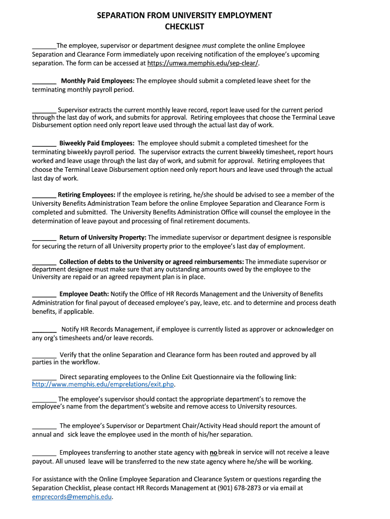 Fillable Online umwa memphis separation from university employment ...