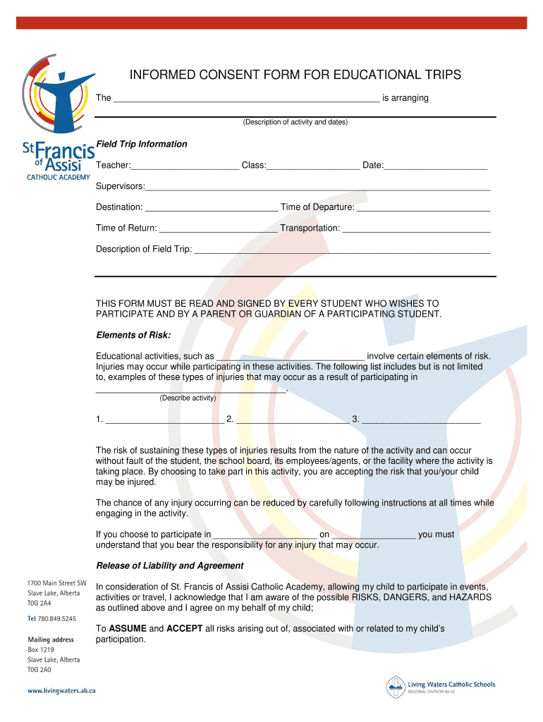Fillable Online stfrancisassisi INFORMED CONSENT FORM FOR EDUCATIONAL TRIPS - stfrancisassisi ...