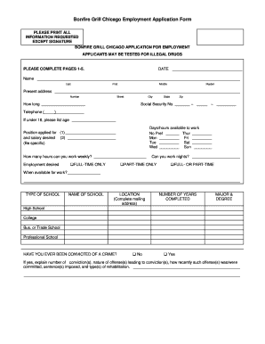 Fillable Online Bonfire Grill Chicago Employment Application Form Fax ...