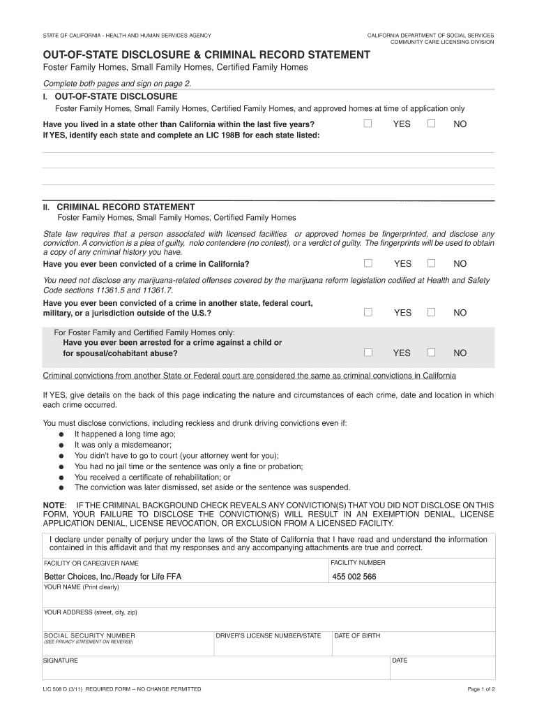 Fillable Online readyforlife OUT-OF-STATE DISCLOSURE & CRIMINAL RECORD ...