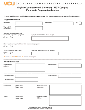 Fillable Online VCU Paramedic Program Application for: EMT to Paramedic ...