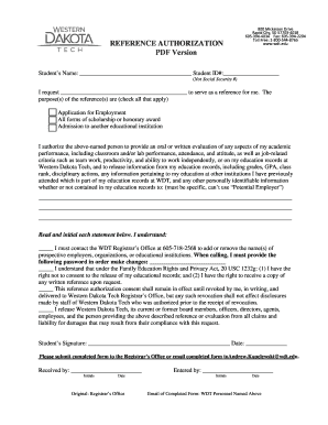 Fillable Online wdt REFERENCE AUTHORIZATION PDF Version - Western Dakota Tech - wdt Fax Email ...