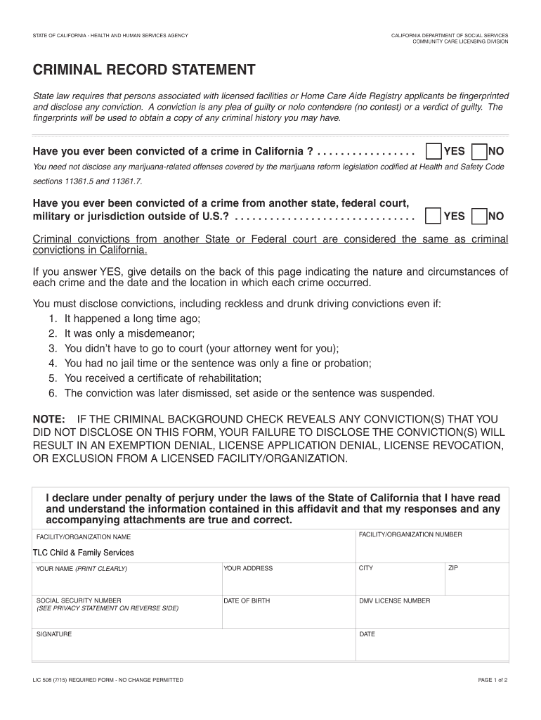 Fillable Online tlc4kids CRIMINAL RECORD STATEMENT Fax Email Print ...