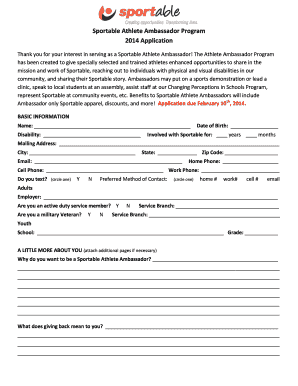 Fillable Online sportable Sportable Athlete Ambassador Program 2014 ...