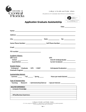 Fillable Online www2 cohpa ucf Application Graduate Assistantship ...