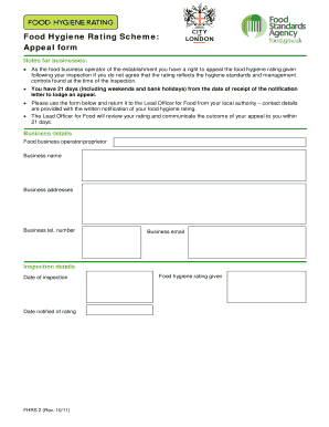 Fillable Online Food hygiene rating - Appeal form. Food hygiene rating ...