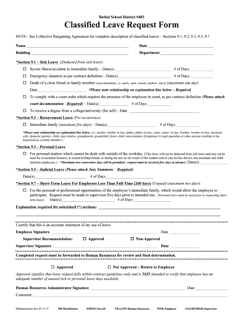 Fillable Online bethelsd Classified Leave Request Form.doc Fax Email Print - pdfFiller
