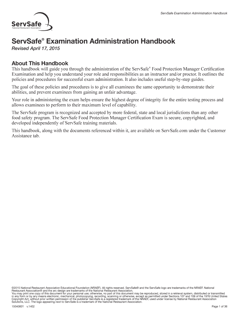 Fillable Online ServSafe Examination Administration Handbook Fax Email ...