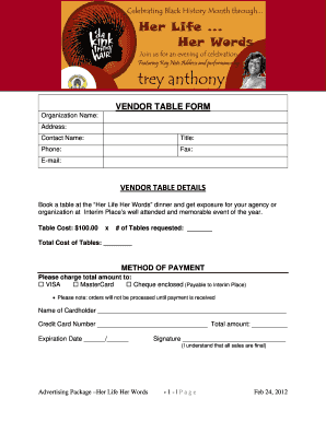 Fillable Online VENDOR TABLE FORM - Interim Place Fax Email Print ...