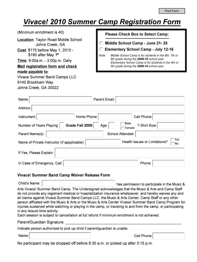 Fillable Online Vivace! 2010 Summer Camp Registration Form Fax Email ...