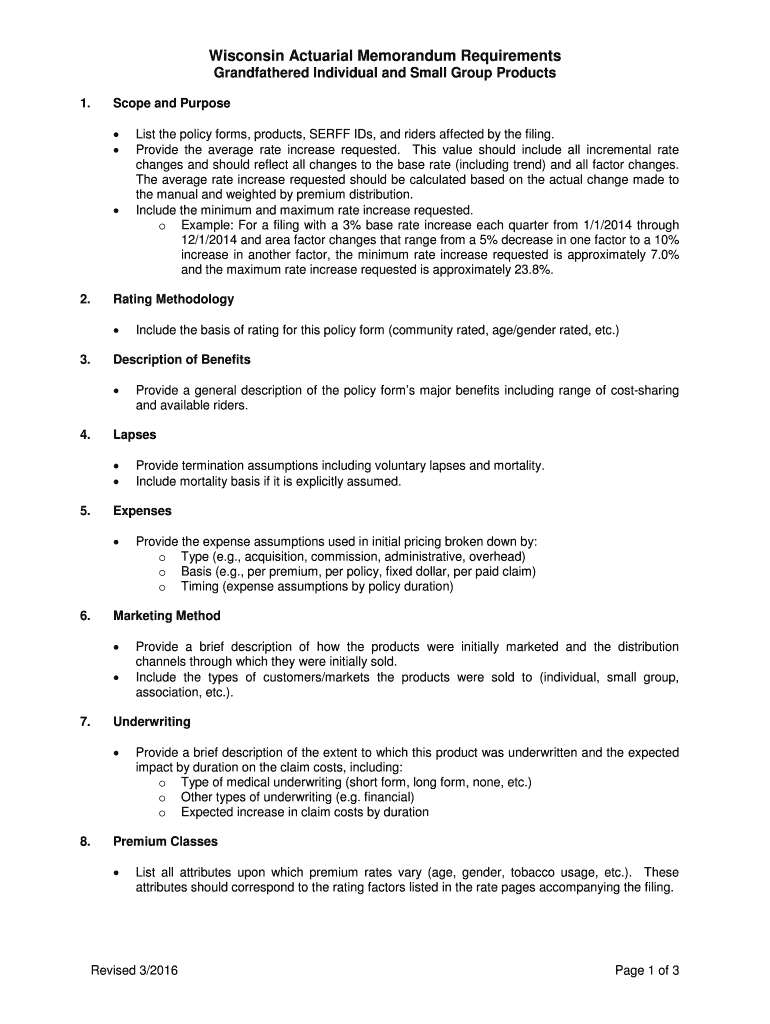 Fillable Online oci wi Wisconsin Actuarial Memorandum Requirements ...