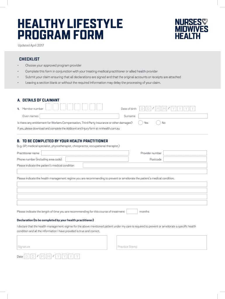 Fillable Online HEALTHY LIFESTYLE PROGRAM FORM Fax Email Print - pdfFiller
