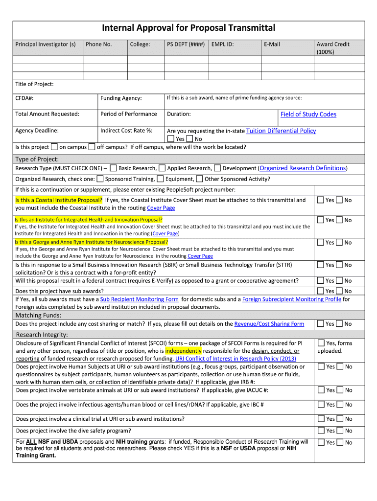 Fillable Online Internal Approval for Proposal Transmittal Fax Email ...