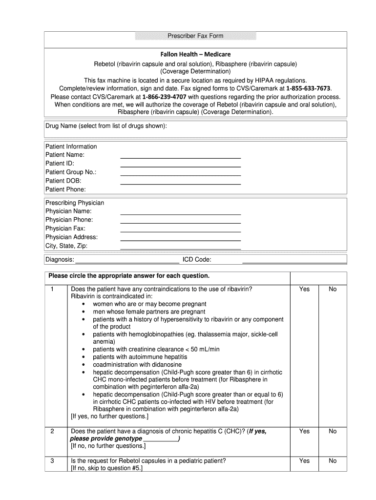 Fillable Online Ribavirin prior authorization form - Fallon Health Fax ...