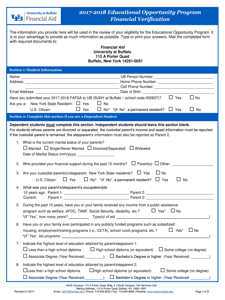 Fillable Online financialaid buffalo Financial Verification Fax Email ...